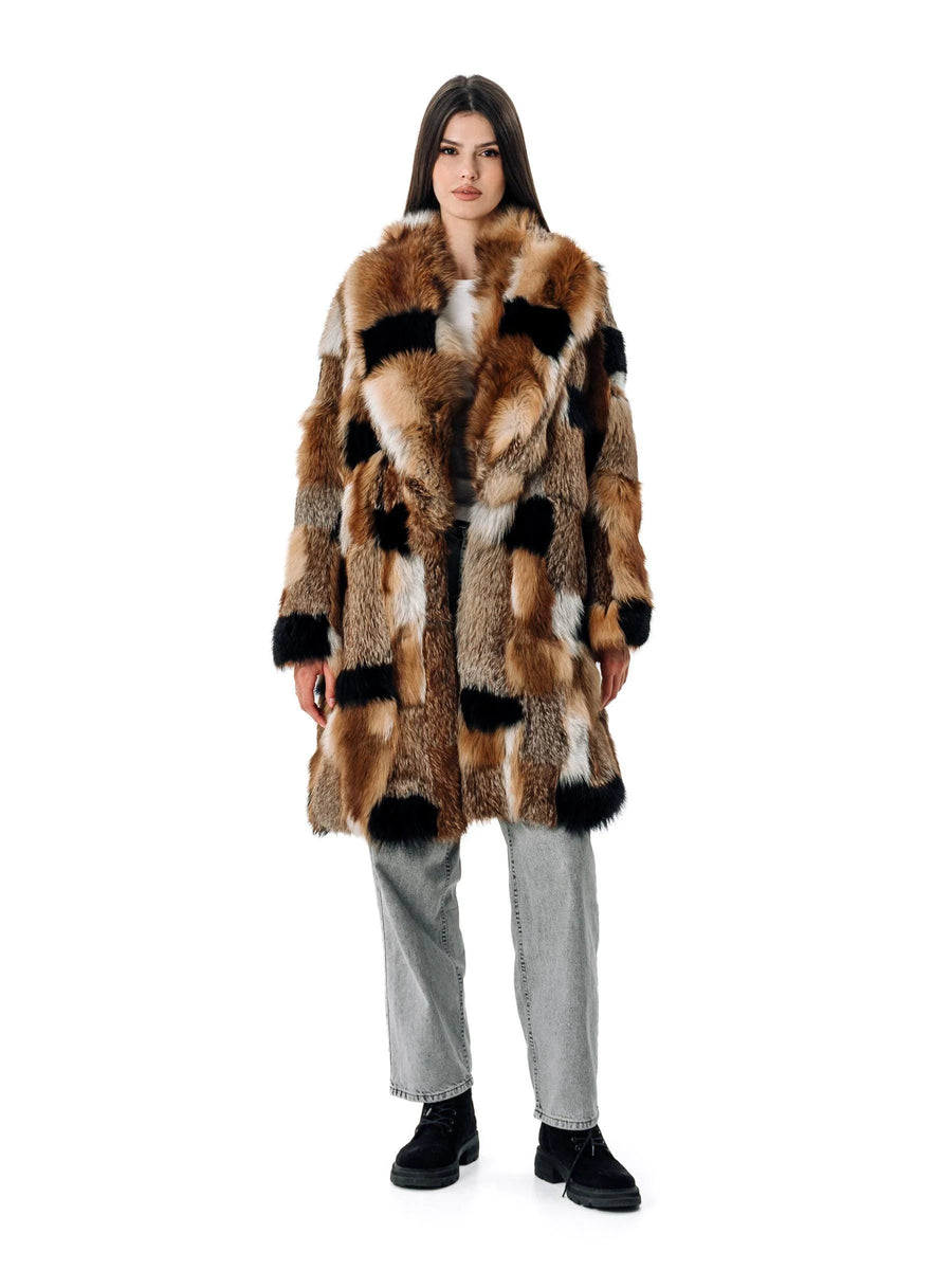 Women's Patched Real Fox Fur Coat with Red Collar- Forestfox ...