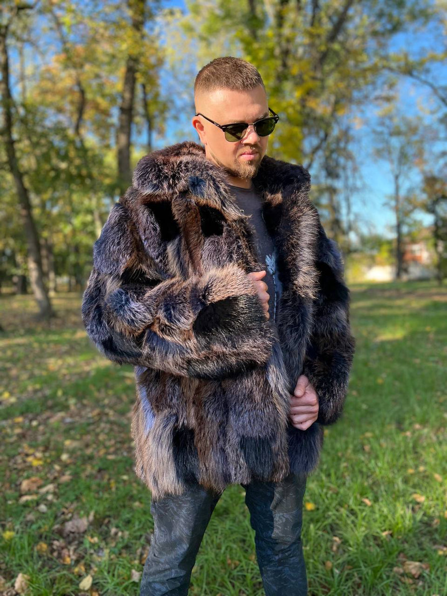 Blue Patched Real Fur Jacket for Men - Forestfox – Forestfox Fur Atelier