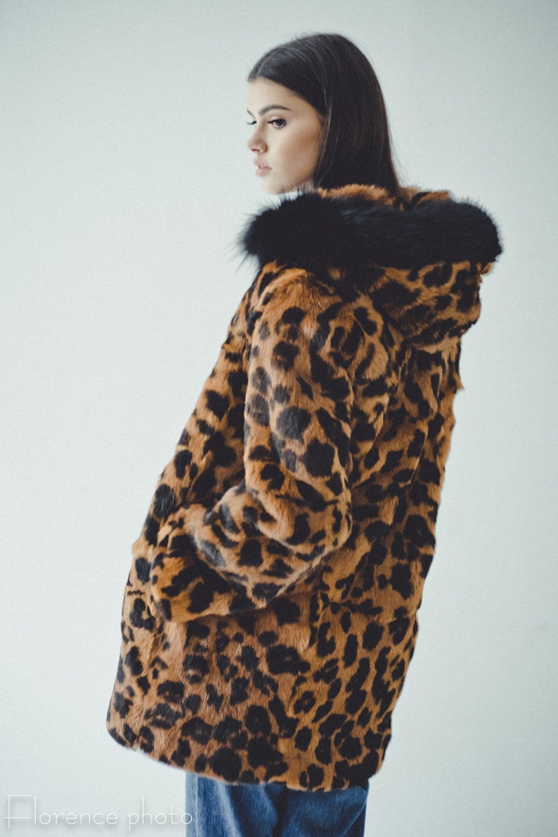 Leopard Rabbit Fur Jacket with Fox Trim Hood | Forestfox Fur ...