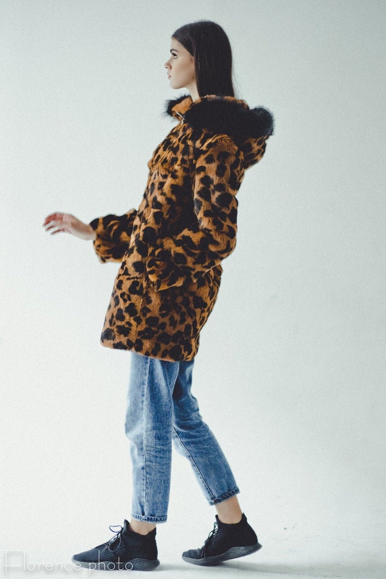 Leopard Rabbit Fur Jacket with Fox Trim Hood | Forestfox Fur ...