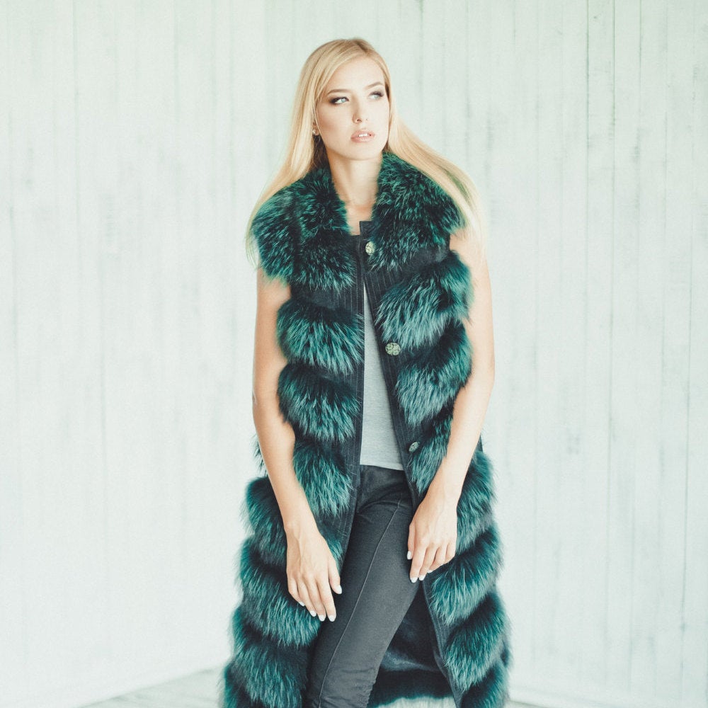 Green Raccoon Fur Vest – Real Fur | Handmade in Ukraine – Forestfox Fur ...