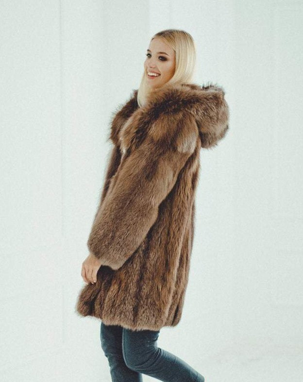 Brown Hooded Fox Fur Coat for Women - Forestfox – Forestfox Fur Atelier