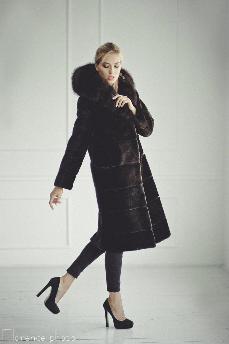 Women's Brown Beaver and Marten Fur Coat with Hood - Forestfox ...